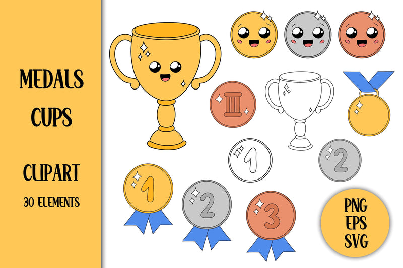 Medals Cups Clipart PNG | Winner Awards Clip Art Bundle | Golden Silver ...