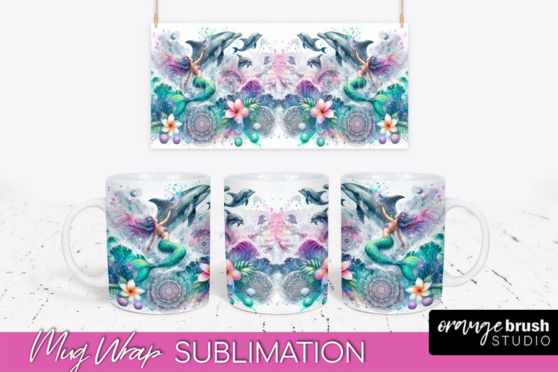Mermaid Mug Wrap - Watercolor Mermaid Mug Sublimation Design - So Fontsy