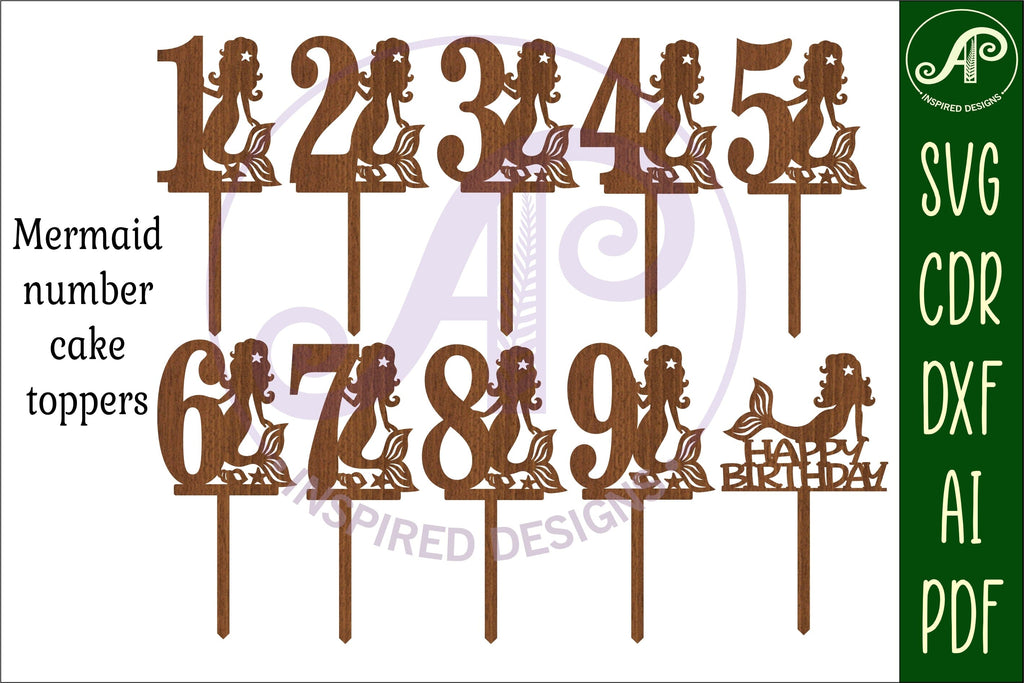 Mermaid number cake toppers, 10 designs SVG laser cut - So Fontsy
