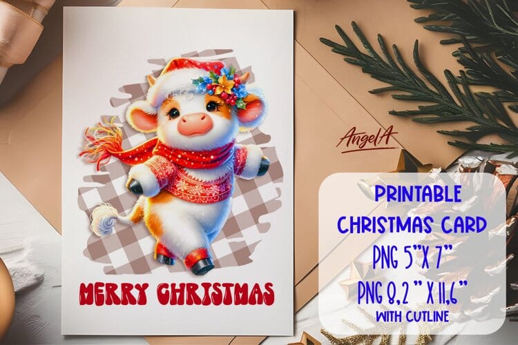 Merry Christmas card printable, cute cow, funny farm animals - So Fontsy