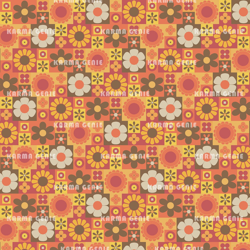Mid Century Retro 60s 70s Cute Flowers Pattern Digital Paper - So Fontsy