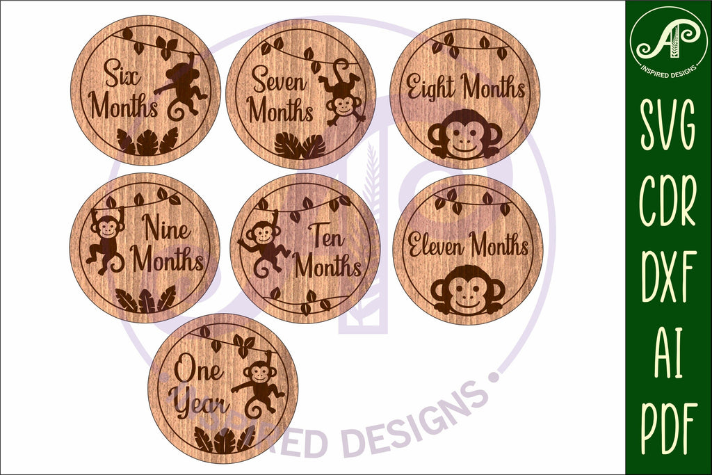 Monkey Baby monthly milestone discs SVG laser engraved - So Fontsy