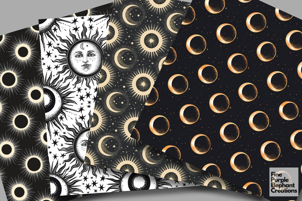 Monochrome Total Solar Eclipse Digital Paper | Cosmic Celestial - So Fontsy