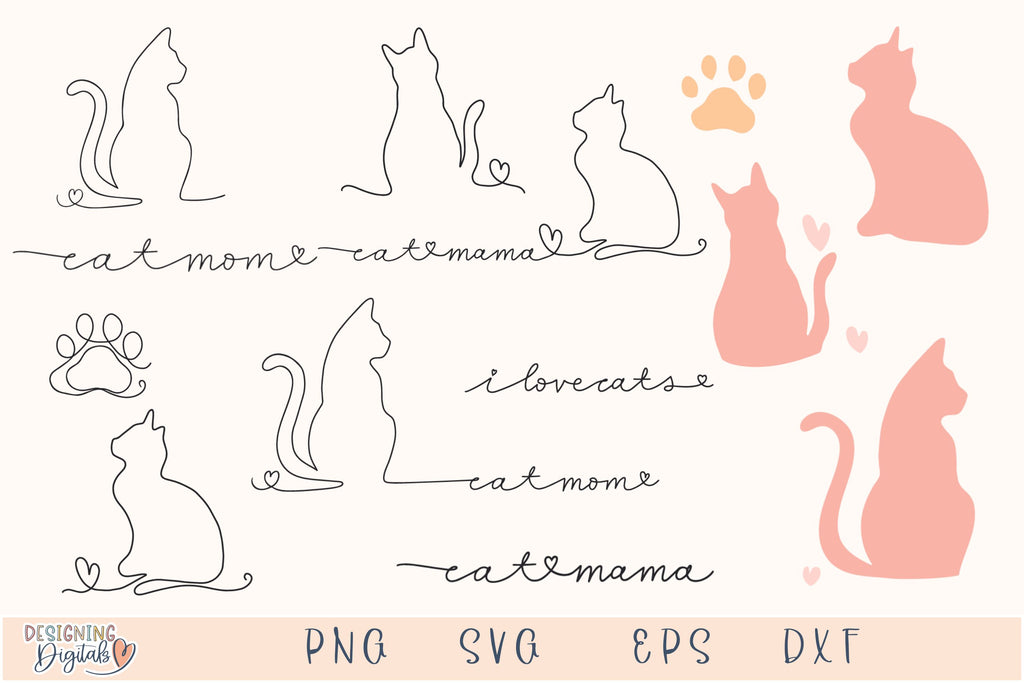 Monoline Cat Mom SVG Bundle, Cat Mama SVGs, Monoline Cat Silhouette ...