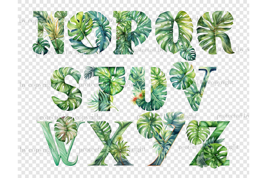 Monstera Alphabet Clipart | Green Letters - So Fontsy