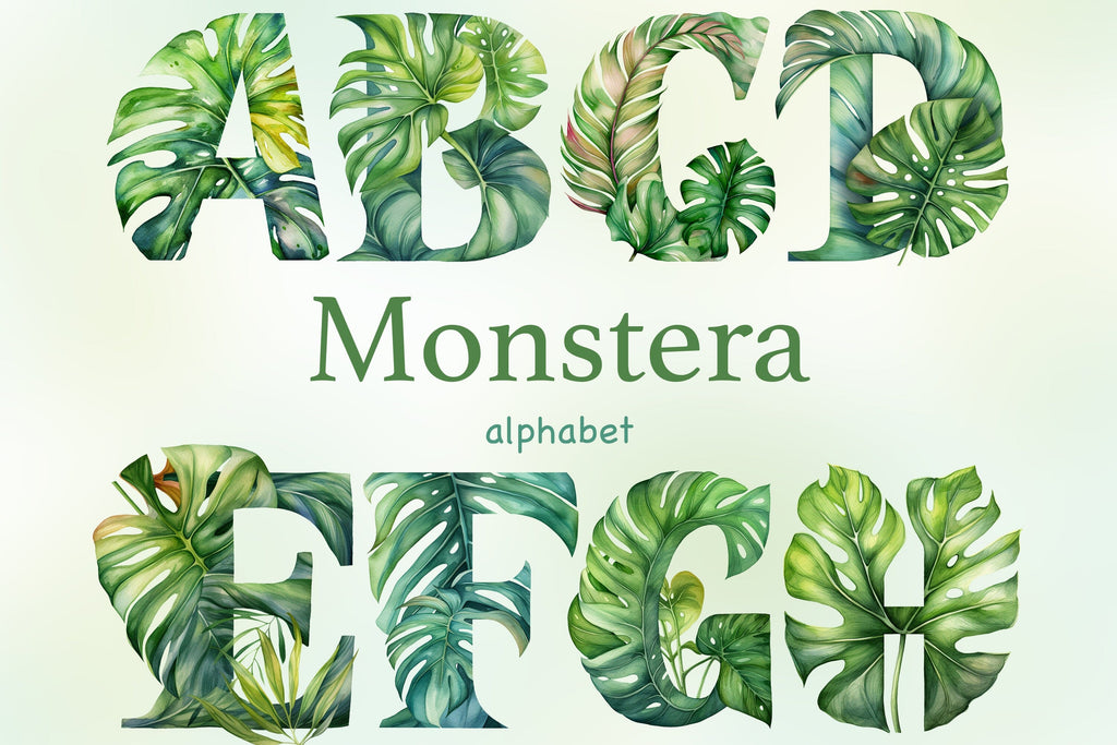 Monstera Alphabet Clipart | Green Letters - So Fontsy