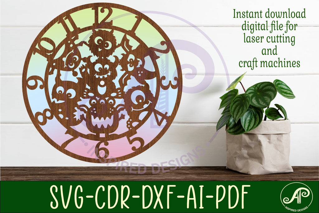 Monsters wall clock laser cut files, SVG file. vector - So Fontsy