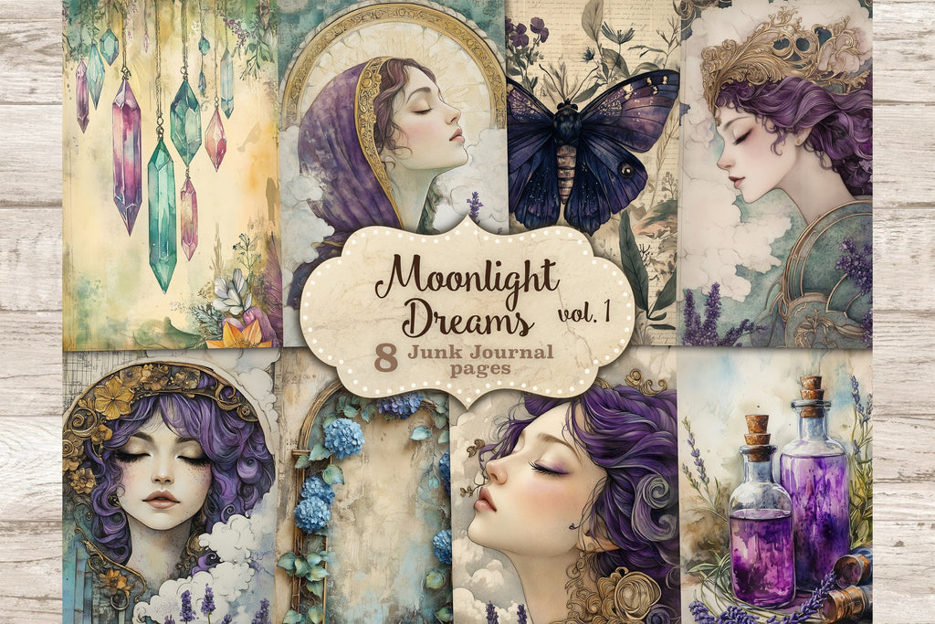 Moonlight Dreams Junk Journal Pages | Celestial Printable - So Fontsy