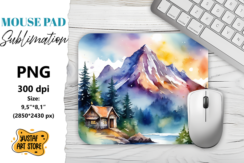 Camping mouse pad sublimation. Watercolor mountain landscape - So Fontsy