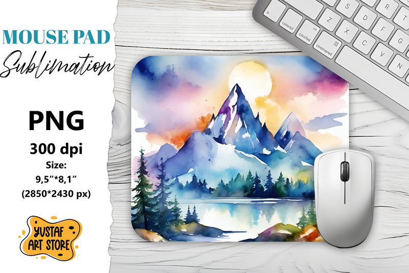Camping mouse pad sublimation. Watercolor mountain landscape - So Fontsy