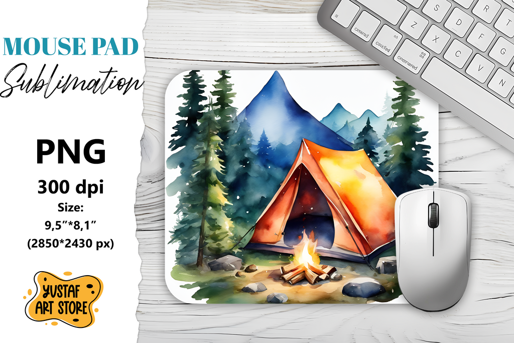 Camping mouse pad sublimation. Watercolor mountain landscape - So Fontsy