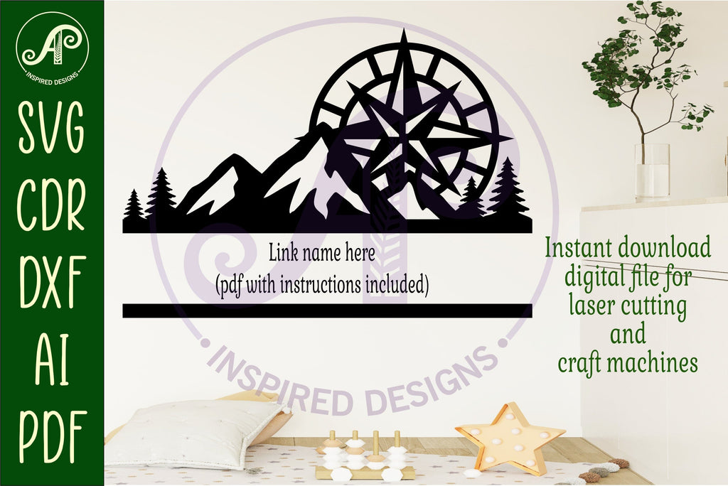 Mountains and compass name sign svg laser cut file - So Fontsy