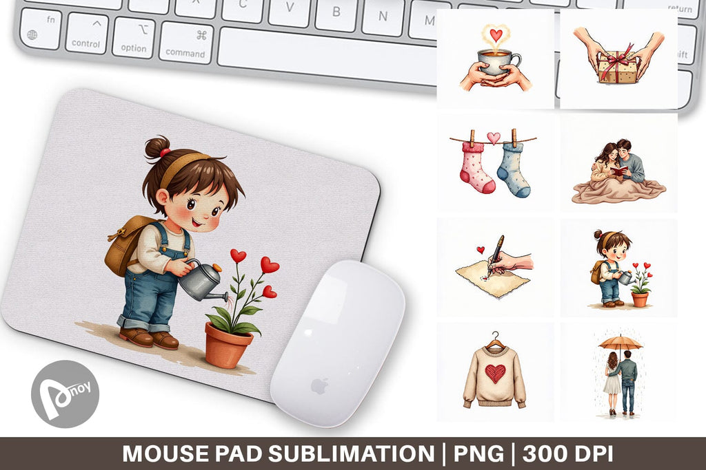 Mouse Pad Cozy Valentine Moments Watercolor Illustrations - So Fontsy