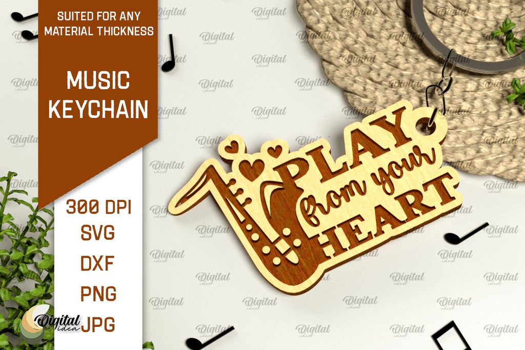 Music Keychain Laser Cut. Wooden Music Key Ring SVG - So Fontsy