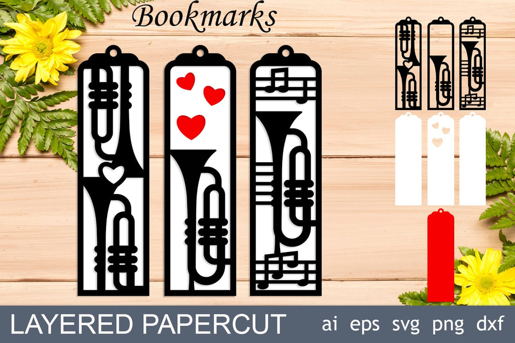 Music layered bookmarks svg, Papercut bookmark with trumpet - So Fontsy