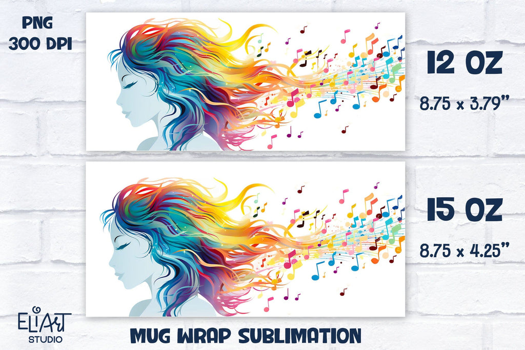 Music Mug Sublimation, Girl with Music Notes Coffee Mug Design, Music ...