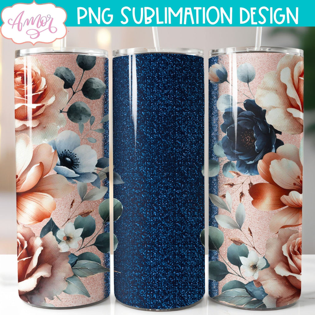 Navy and blush floral tumbler wrap sublimation PNG - So Fontsy