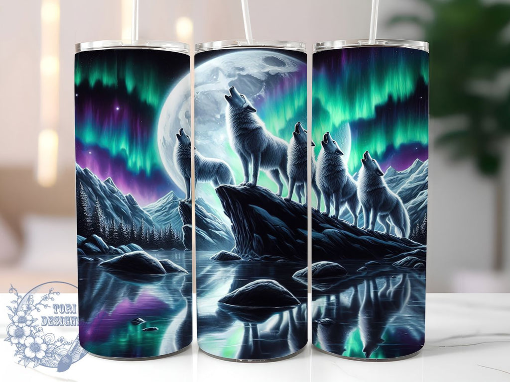 Neon Aurora Northern Wolf Tumbler, Northern Lights Wrap, 20oz Tumbler ...