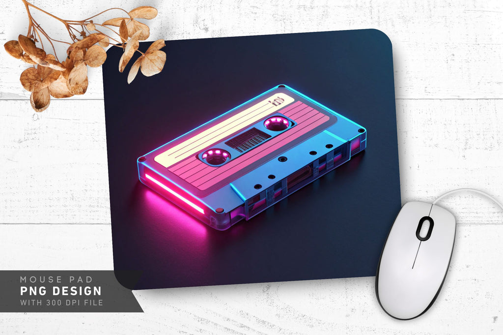 Neon Cassette Tape Glow Mouse Pad PNG Design - So Fontsy