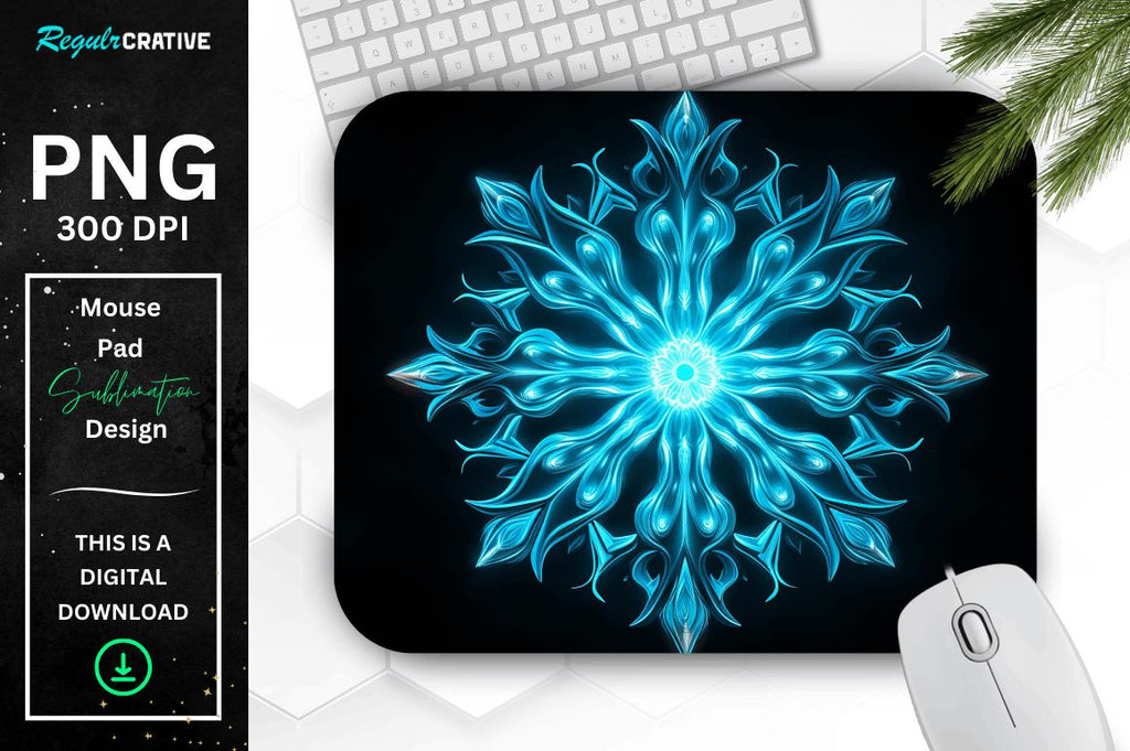 Neon Glowing Cyan Snowflake Mouse Pad - So Fontsy