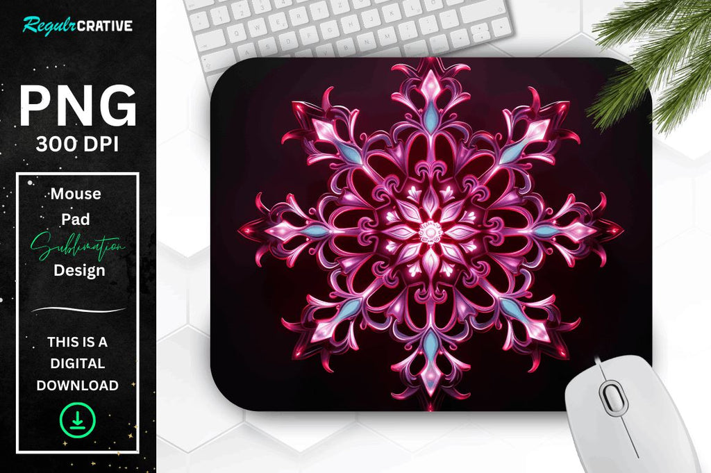 Neon Glowing Maroon Snowflake Mouse Pad - So Fontsy