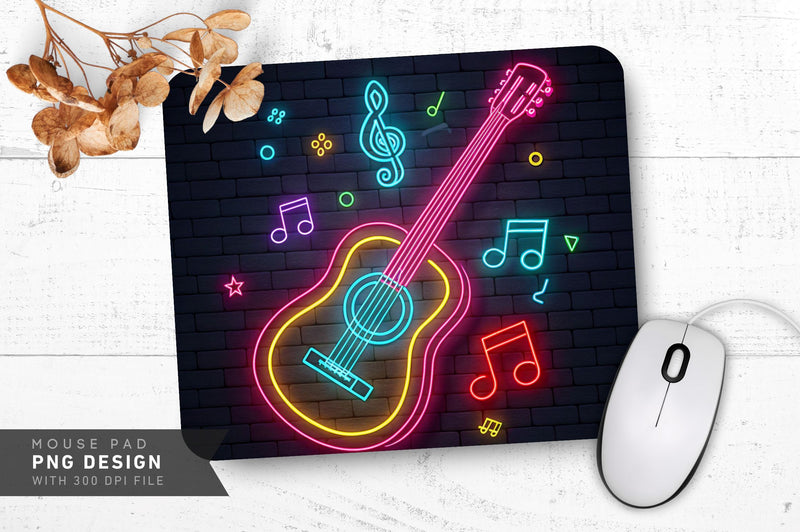 Neon Guitar and Notes Design Mouse Pad Design - So Fontsy