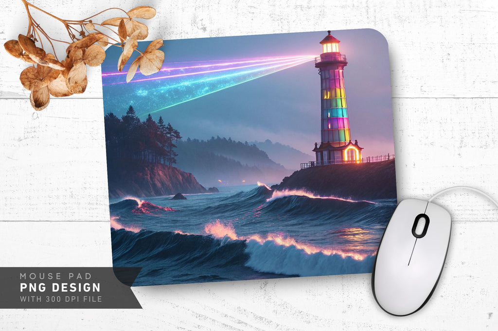 Neon Lighthouse Illuminating Waves Mouse Pad Design - So Fontsy