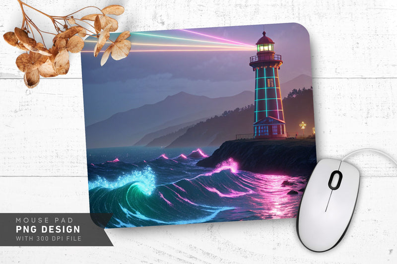 Neon Lighthouse Illuminating Waves Mouse Pad Design - So Fontsy