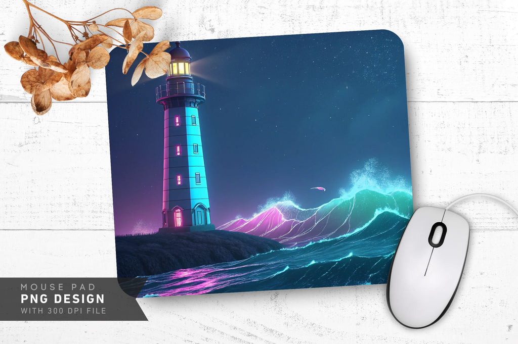 Neon Lighthouse Over Glowing Ocean Waves Mouse Pad Design - So Fontsy