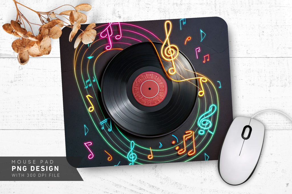 Neon Musical Notes Around a Vintage Vinyl Record Mouse Pad - So Fontsy