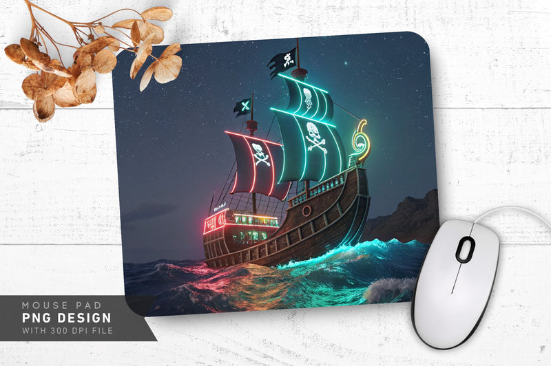 Neon Pirate Ship with Ocean Waves and Skull Flags Mouse Pad Design - So ...