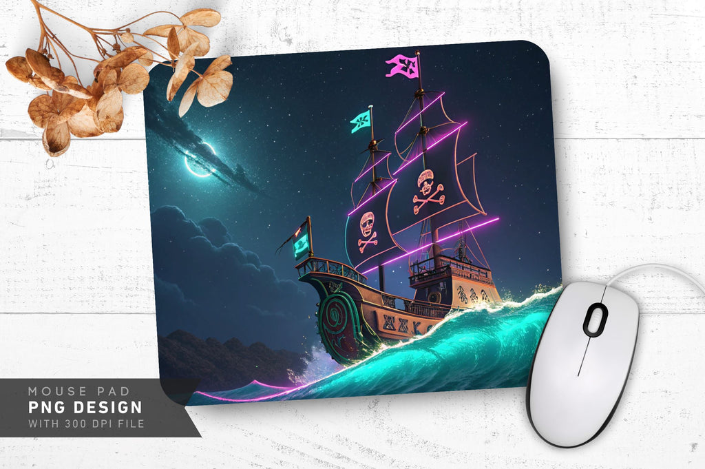Neon Pirate Ship with Ocean Waves and Skull Flags Mouse Pad Design - So ...