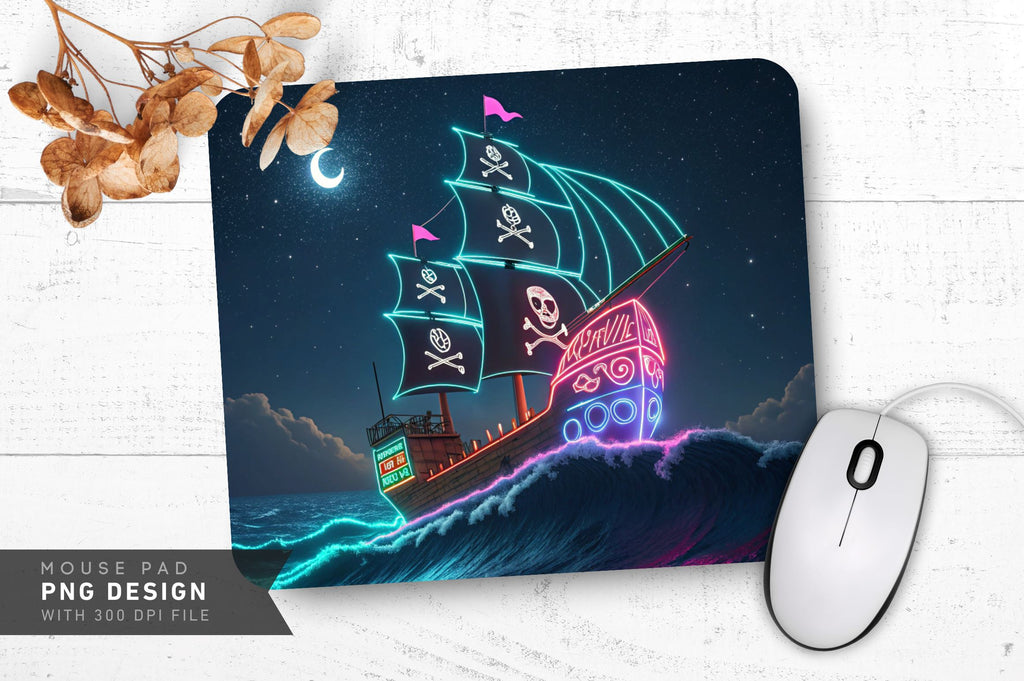 Neon Pirate Ship with Ocean Waves and Skull Flags Mouse Pad Design - So ...