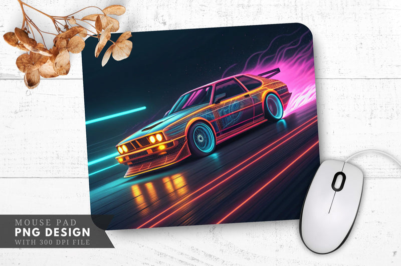 Neon Racing Car with Glowing Wheels Mouse Pad Design - So Fontsy
