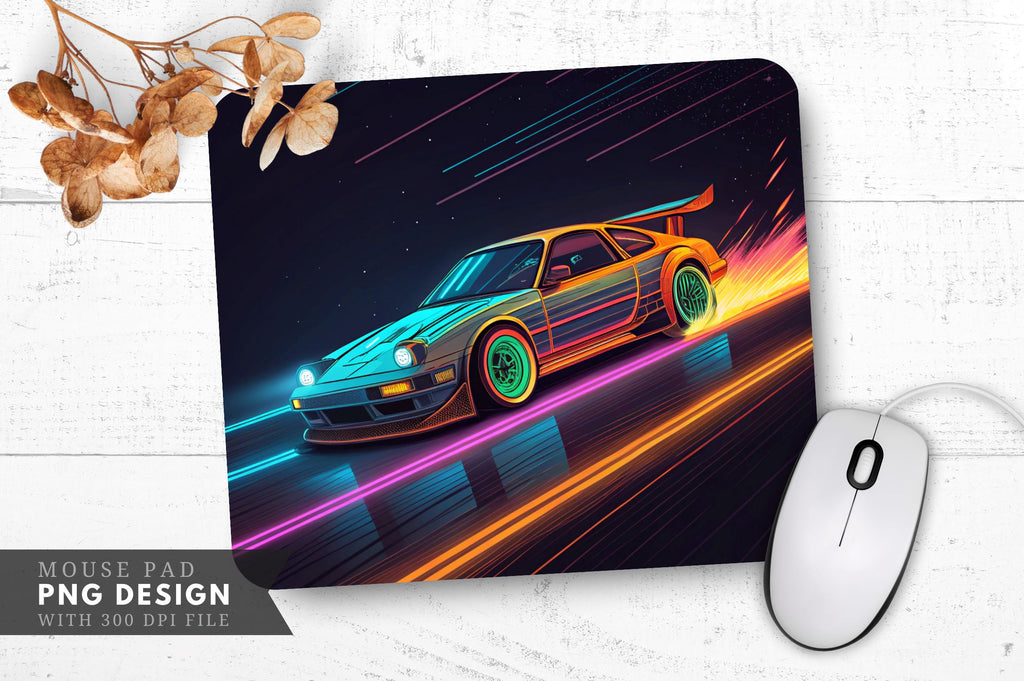 Neon Racing Car with Glowing Wheels Mouse Pad Design - So Fontsy