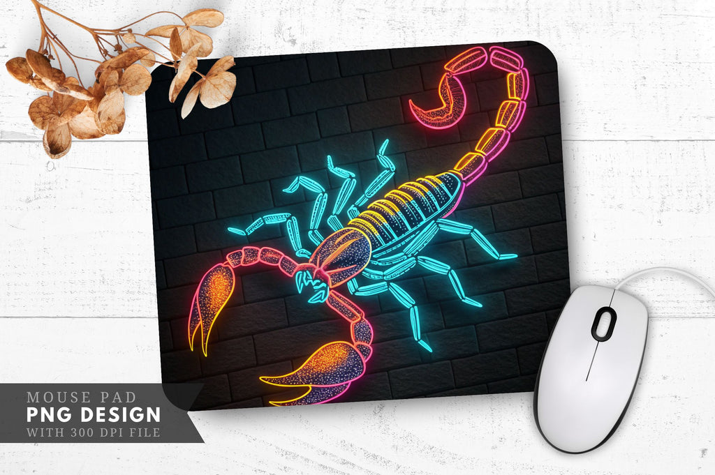 Neon Scorpion with Glowing Claws and Tail Mouse Pad Design - So Fontsy