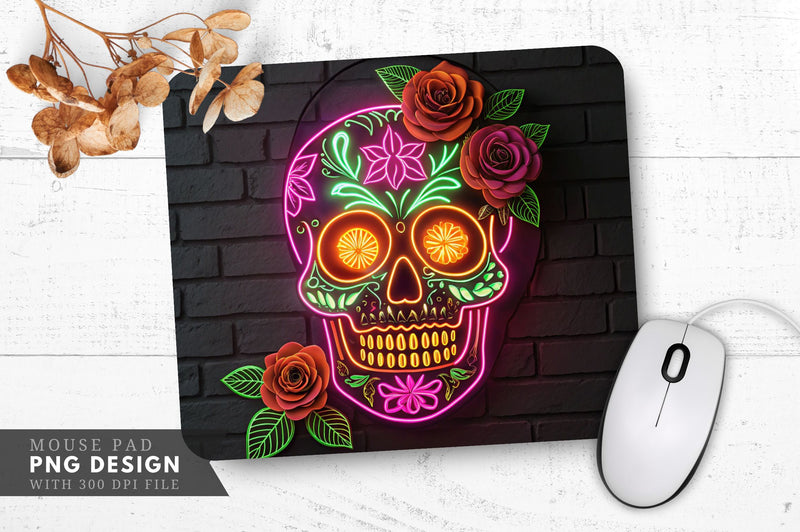 Neon Skull with Roses and Glowing Eyes Day of the Dead Mouse Pad Design ...