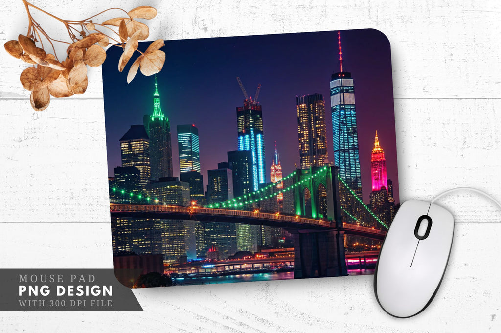 Neon Skyline of New York City Mouse Pad Design - So Fontsy
