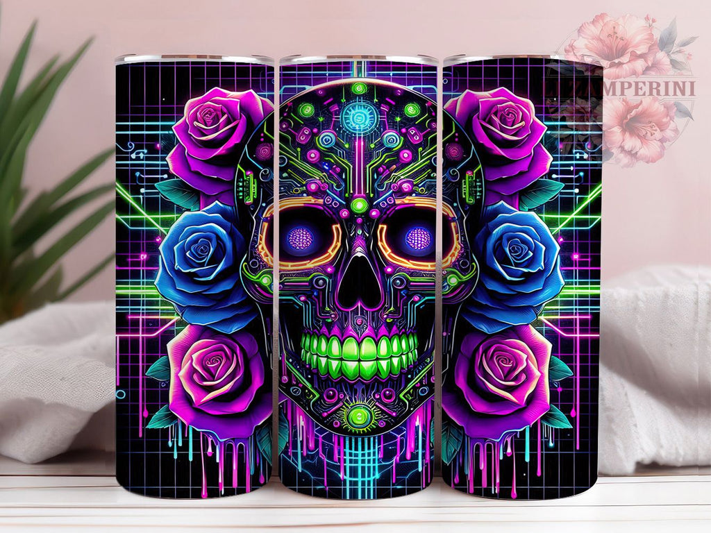 Neon Sugar Skull Gothic Tumbler, Cyber Skull Wrap, Neon Roses Cup ...
