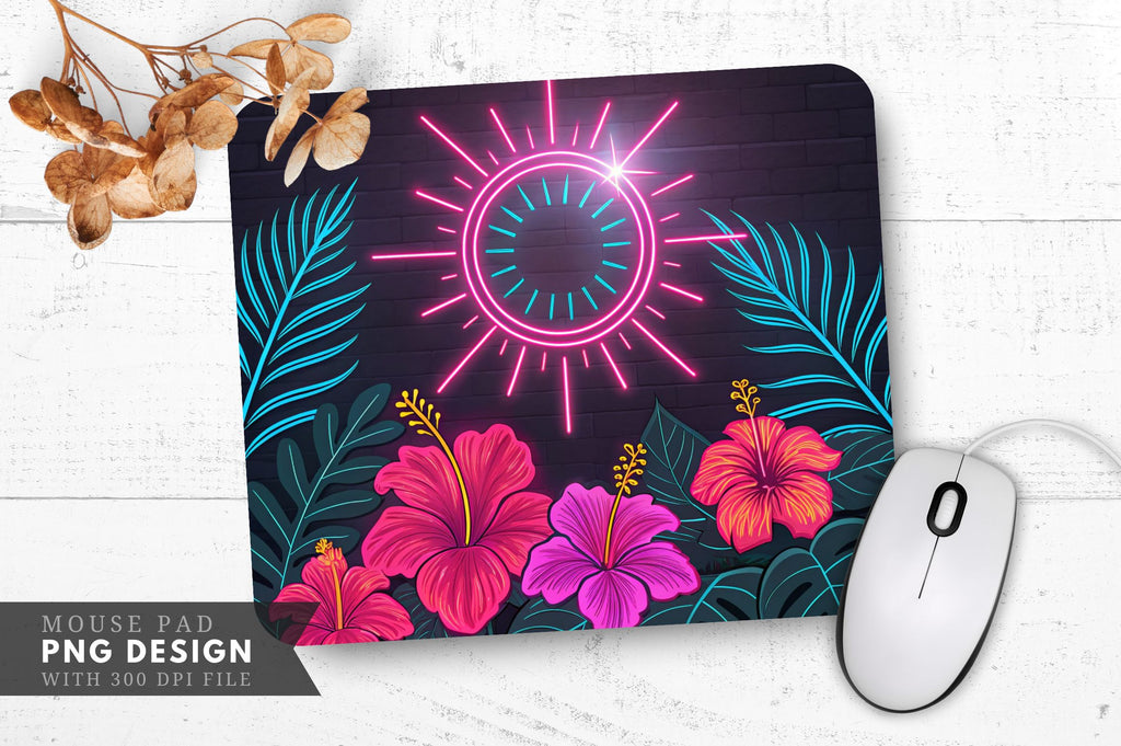 Neon Sun with Hibiscus Flowers Mouse Pad Design - So Fontsy