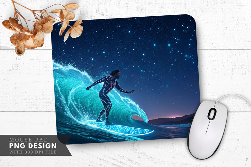 Neon Surfer Riding Glowing Waves Under a Starry Sky Mouse Pad Design ...