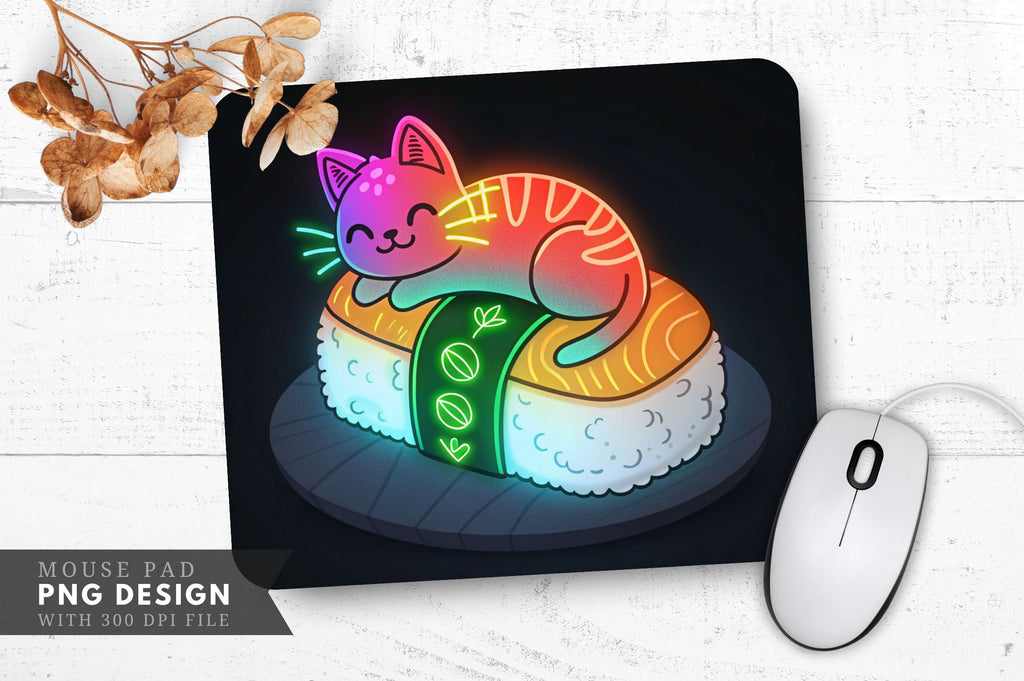 Neon Sushi Cat Sleeping on Sushi Mouse Pad Design - So Fontsy