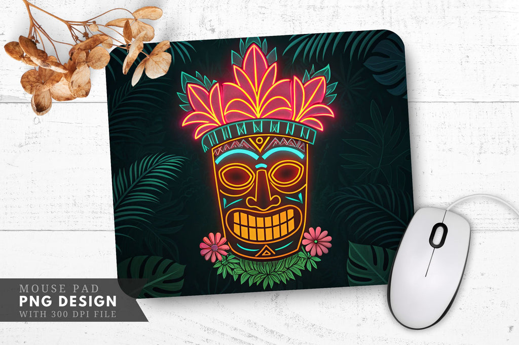 Neon Tiki Mask with Tribal Patterns Mouse Pad Design - So Fontsy