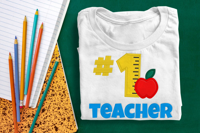 Number 1 Teacher with Ruler Applique Embroidery - So Fontsy