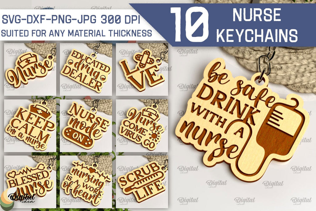 Nurse Wooden Keychains Laser Cut Bundle. Nurse Keychains SVG - So Fontsy