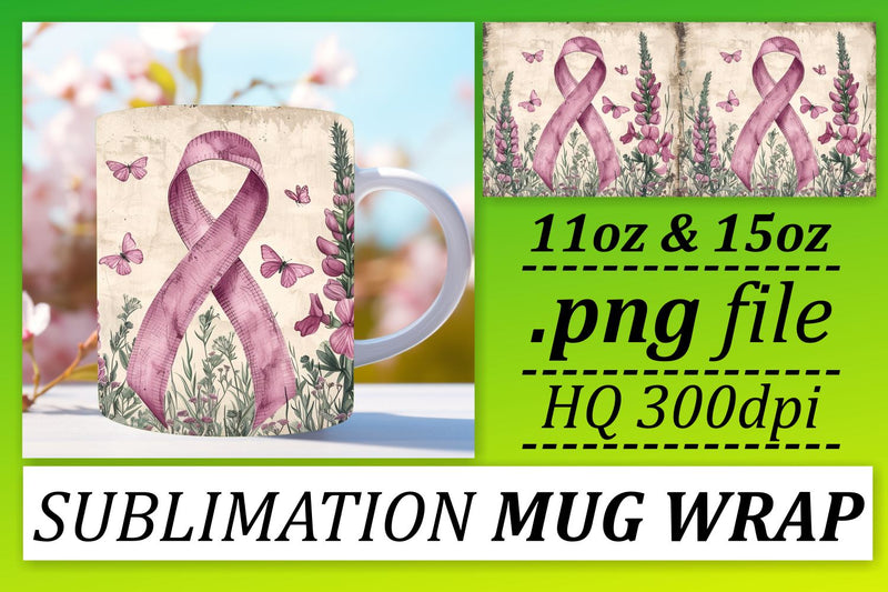 October Pink Ribbon Mug Design – 11oz & 15oz Sublimation Wrap - So Fontsy