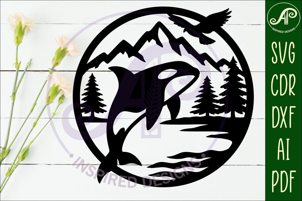 Orca, killer whale coastal scene wall sign svg laser cut 1 - So Fontsy