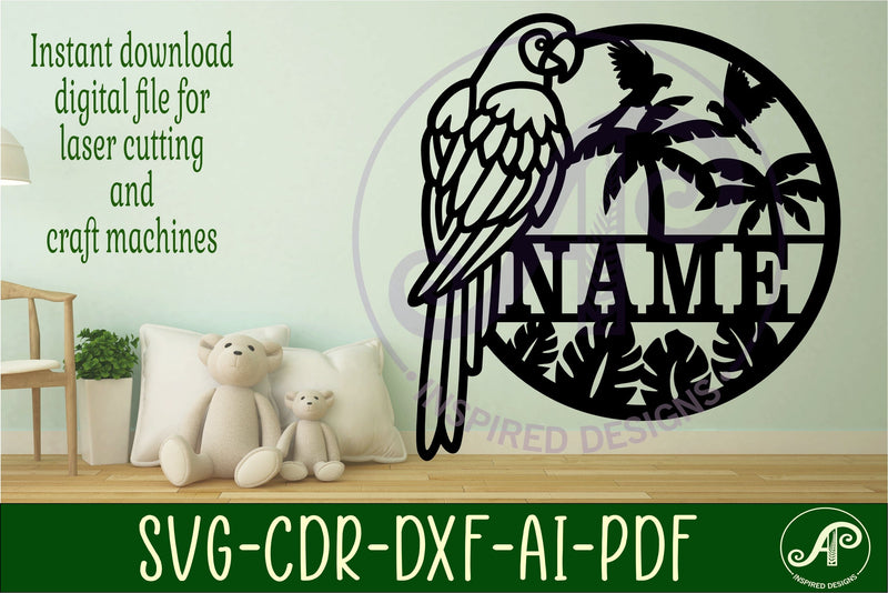 Parrot tropical theme name sign svg laser cut template - So Fontsy
