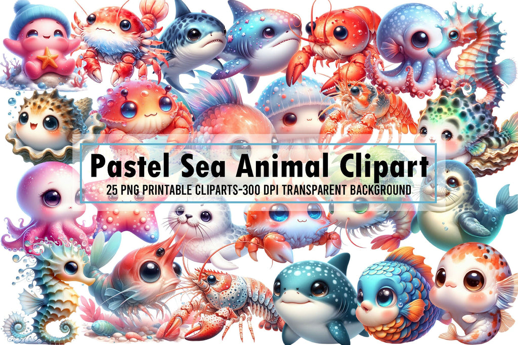 Pastel Sea Animal Watercolor Clipart - So Fontsy