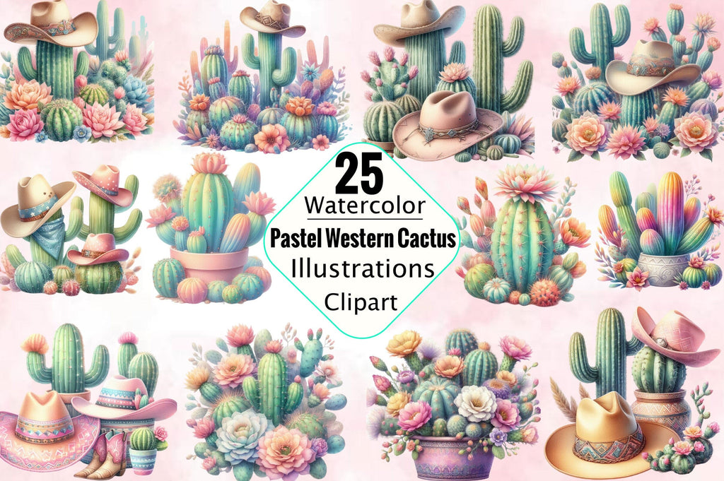 Pastel Western Cactus Sublimation Clipart Bundle - So Fontsy